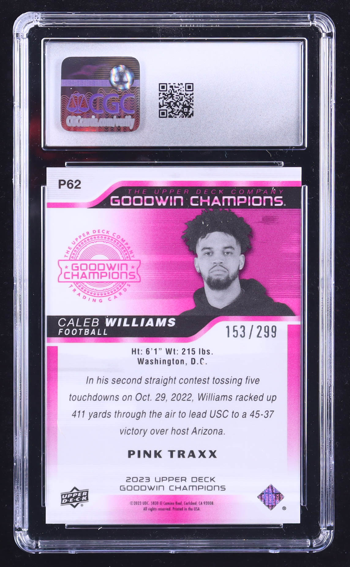Caleb Williams 2023 Upper Deck Goodwin Champions Platinum Pink Traxx # ...