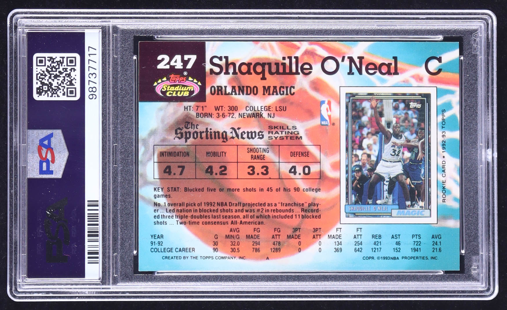 Shaquille O'Neal Signed 1992-93 Stadium Club #247 RC (PSA | Autograph ...