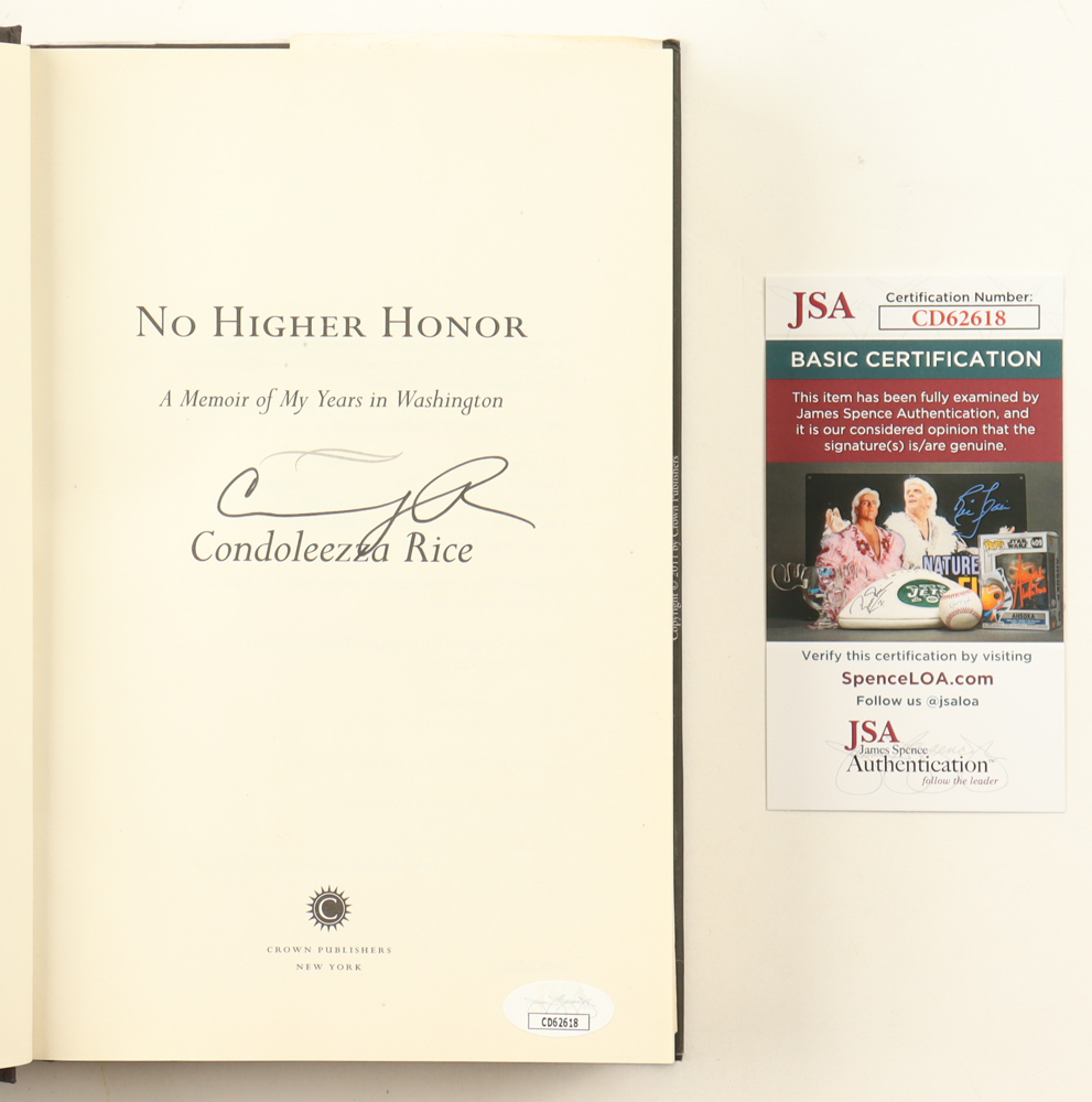 Condoleezza Rice Signed "No Higher Honor" Hardcover Book (JSA ...