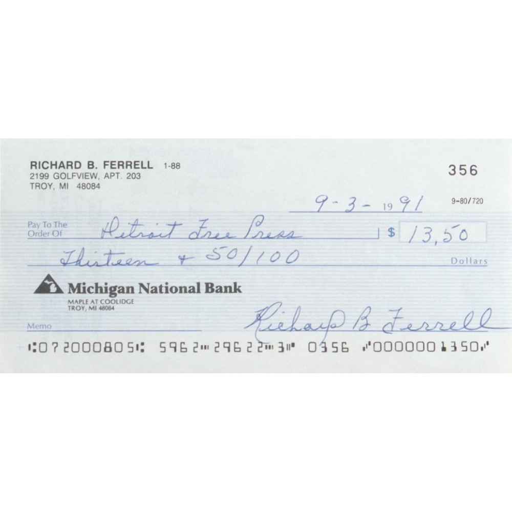 Rick Ferrell Signed 1991 Personal Check (JSA) | Pristine Auction