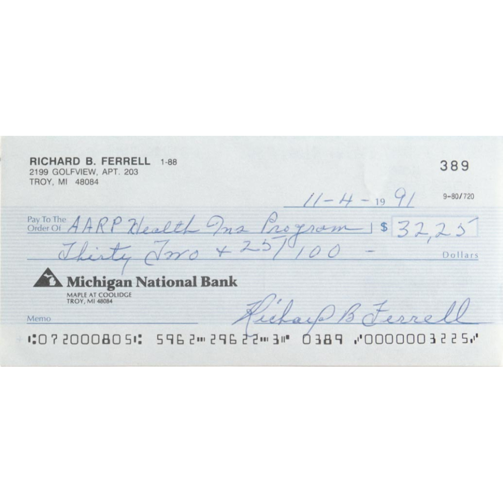 Rick Ferrell Signed 1991 Personal Check (JSA) | Pristine Auction