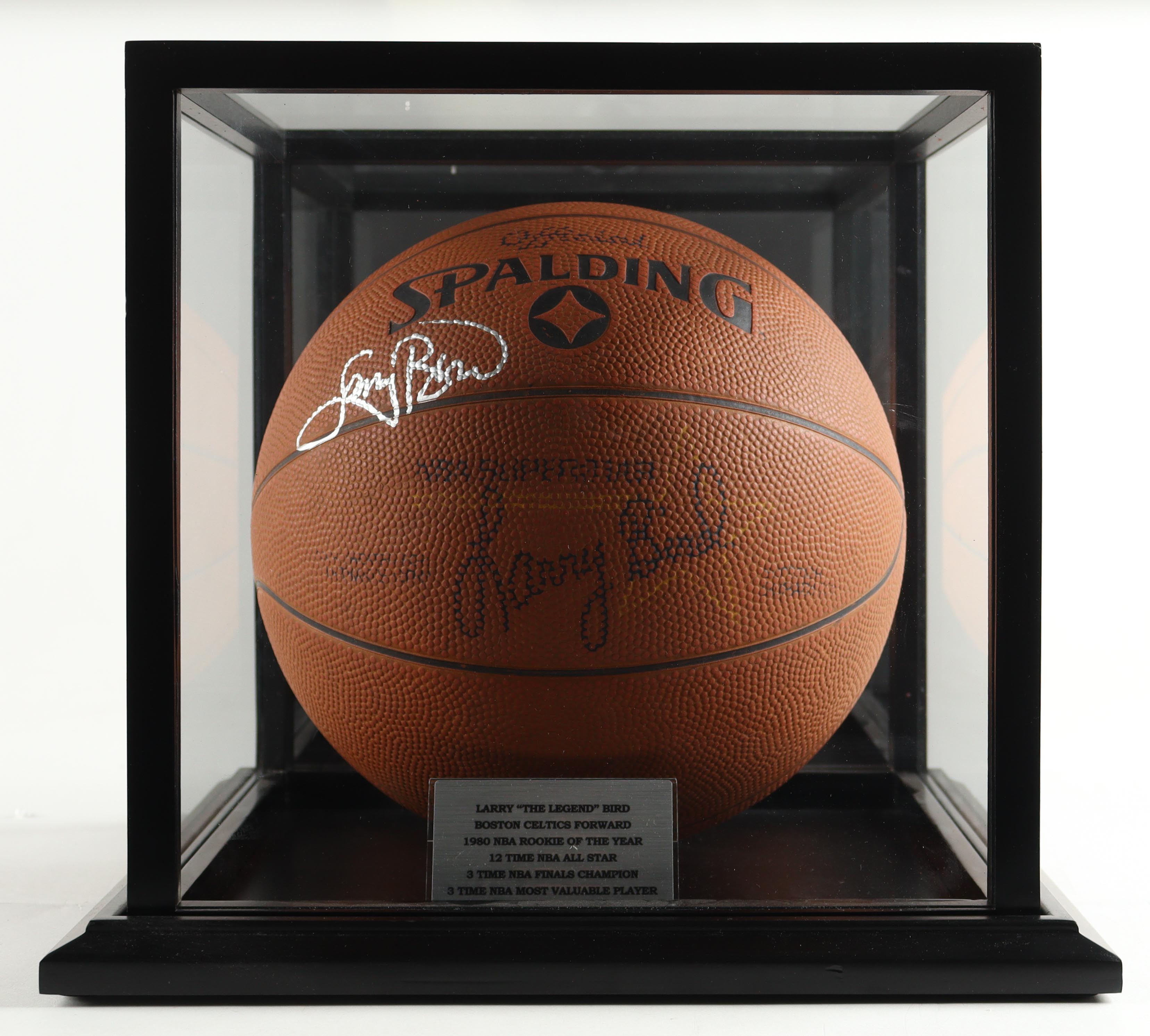 Larry Bird Signed Vintage Bird Model NBA Basketball With Wood & Glass ...