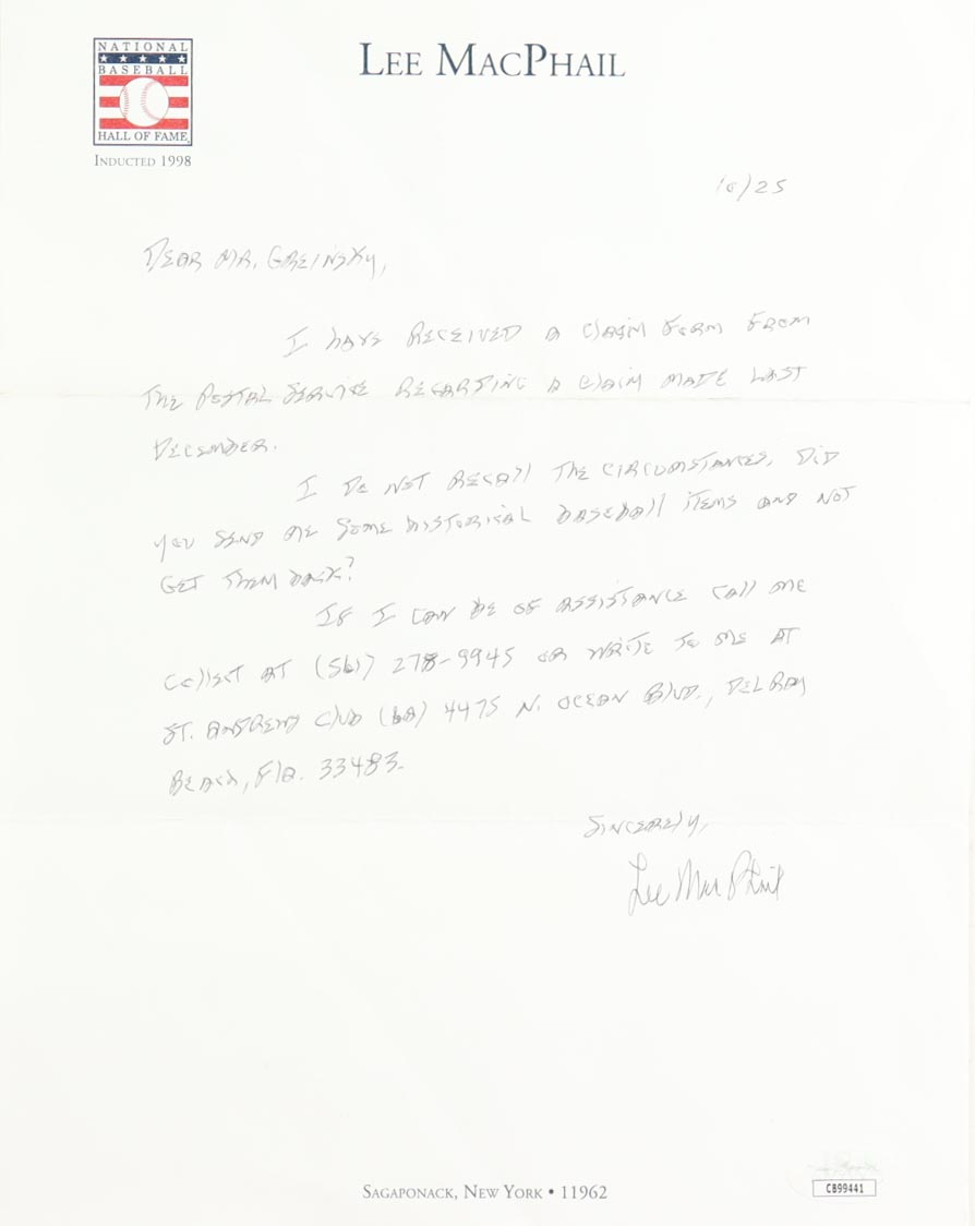 Lee MacPhail Signed Handwritten Letter (JSA) | Pristine Auction