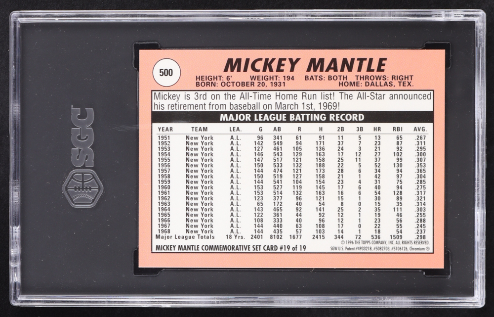 Mickey Mantle 1996 Topps Mantle Finest Refractors #16 1969 Topps (SGC 8 ...
