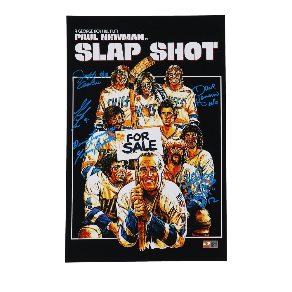 "Slap Shot" 11x17 Movie Poster Photo Signed & Inscribed By (5) with Allan Nicholls, Dave Hanson ...