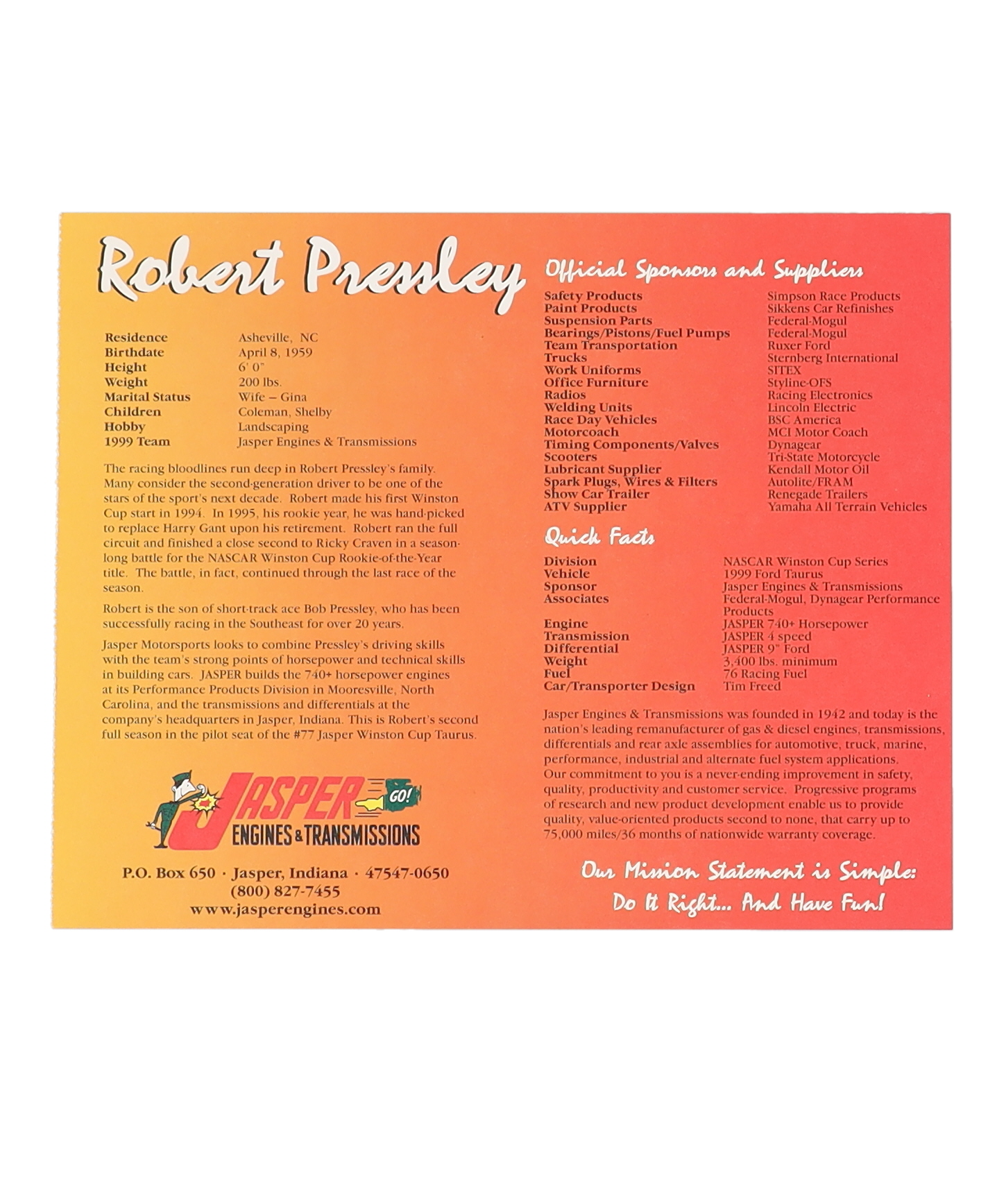 Robert Pressley Signed NASCAR 8x10 Photo (Beckett) | Pristine Auction