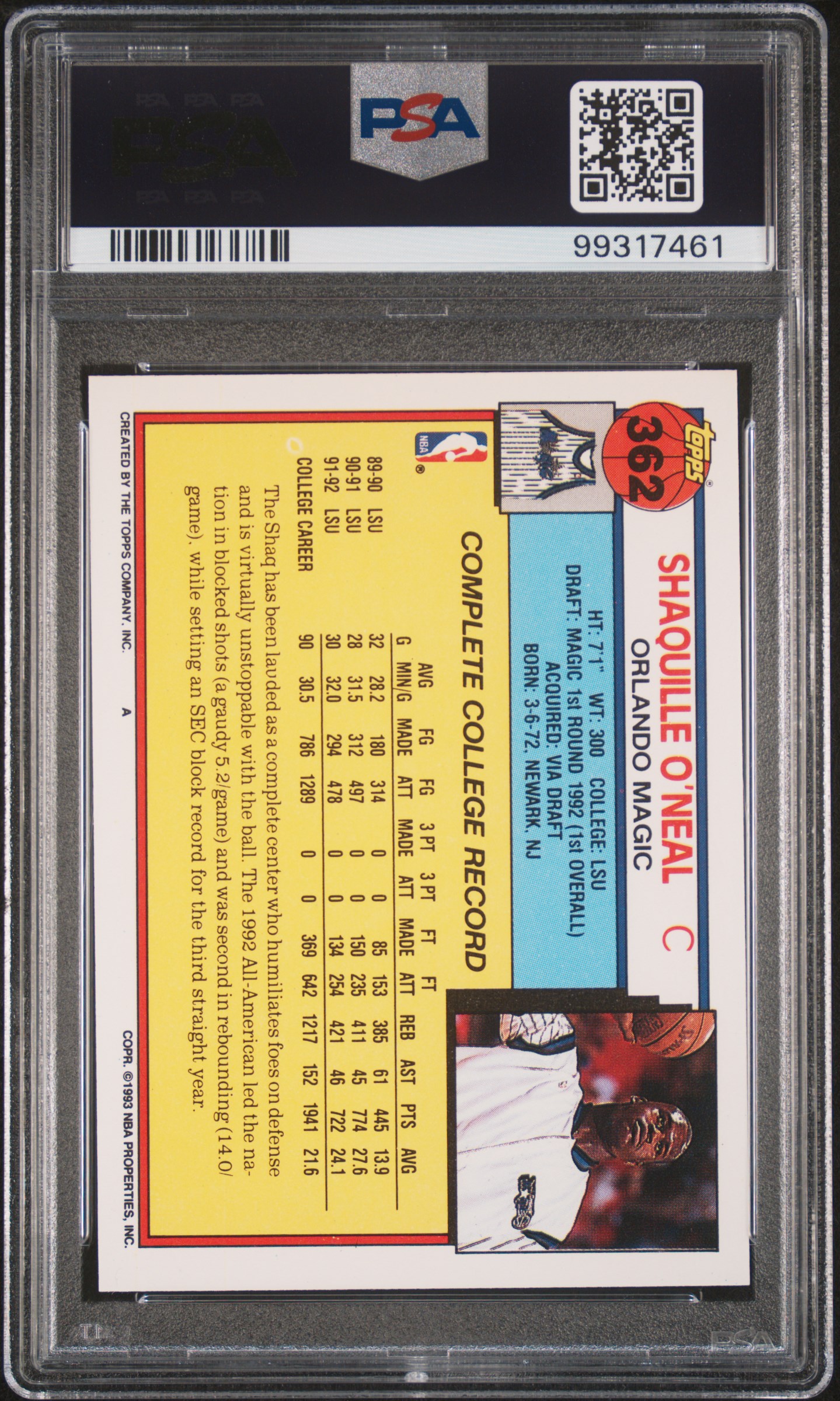 Shaquille O'Neal Signed 1992-93 Topps #362 RC (PSA 7 | Autograph Graded ...
