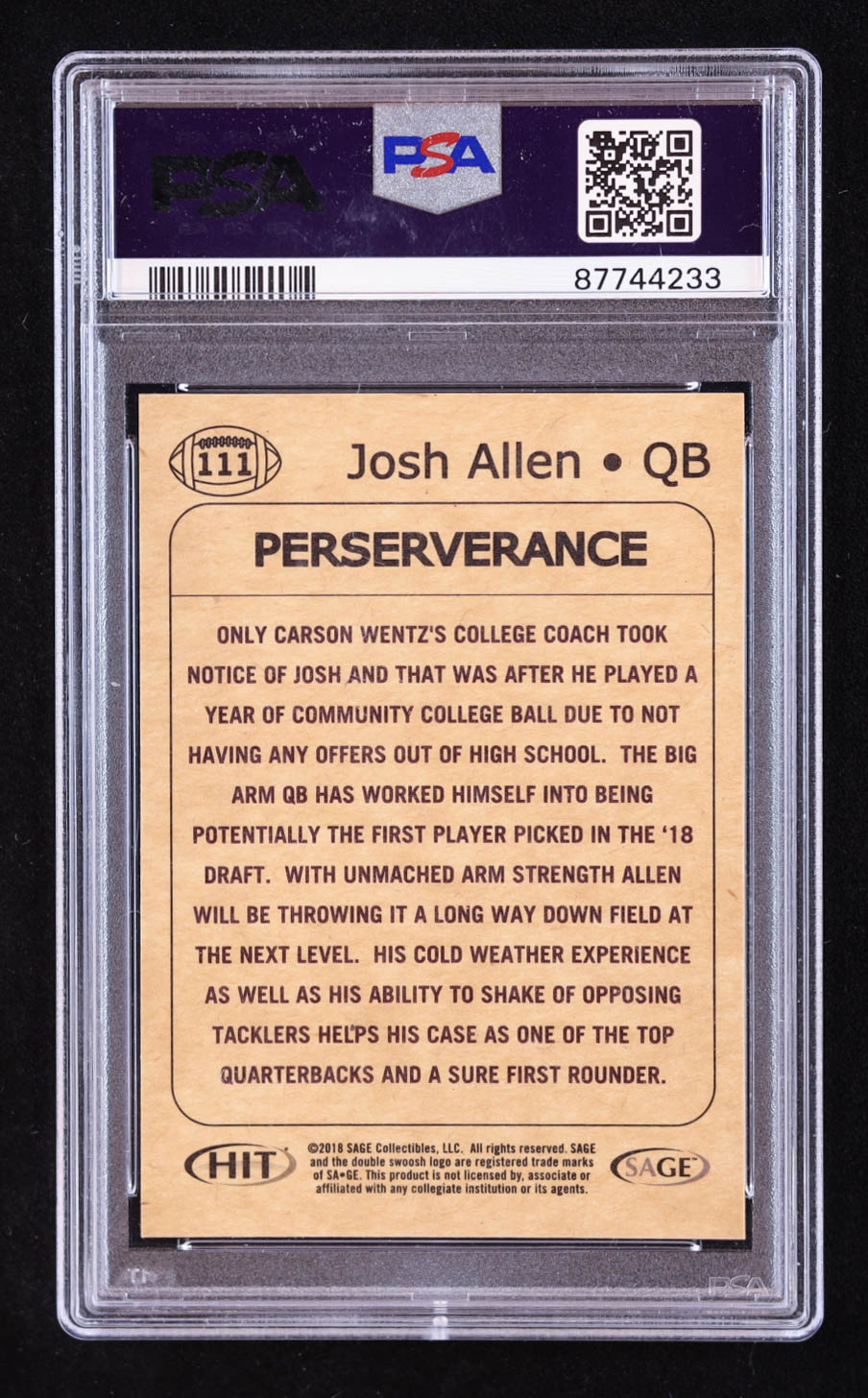 Josh Allen 2018 SAGE HIT #111 ASP RC (PSA 9) | Pristine Auction