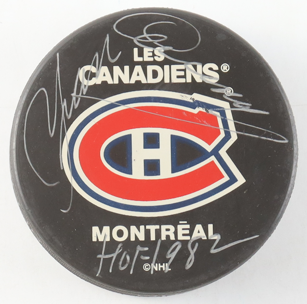 Yvan Cournoyer Signed Canadiens Logo Hockey Puck Inscribed "HOF 1982 ...