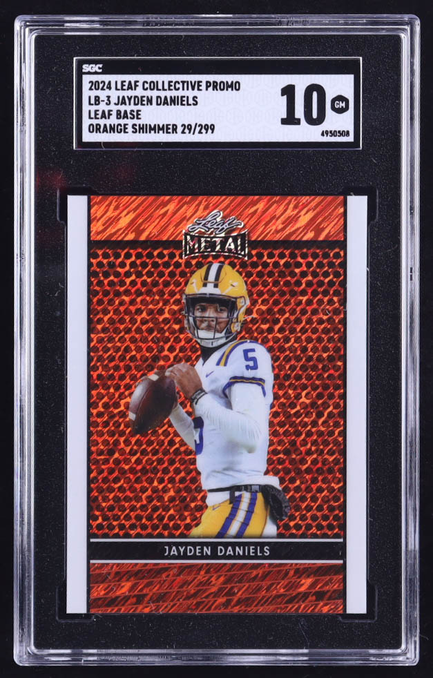 Jayden Daniels 2024 Leaf Press Pass Leaf Base Collective Promo Orange Shimmer #LB3 RC #29/299 ...