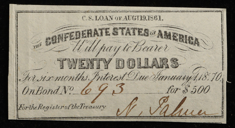 1861 $20 Confederate States of America CSA Bank Note Bond | Pristine ...