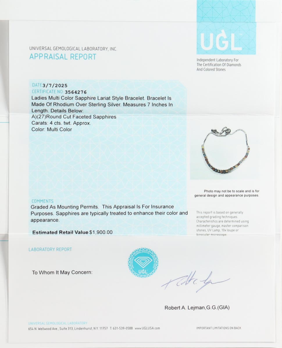4.0 CTW Multi Color Sapphire on Sterling Silver 7" Lariat Style Ladies ...