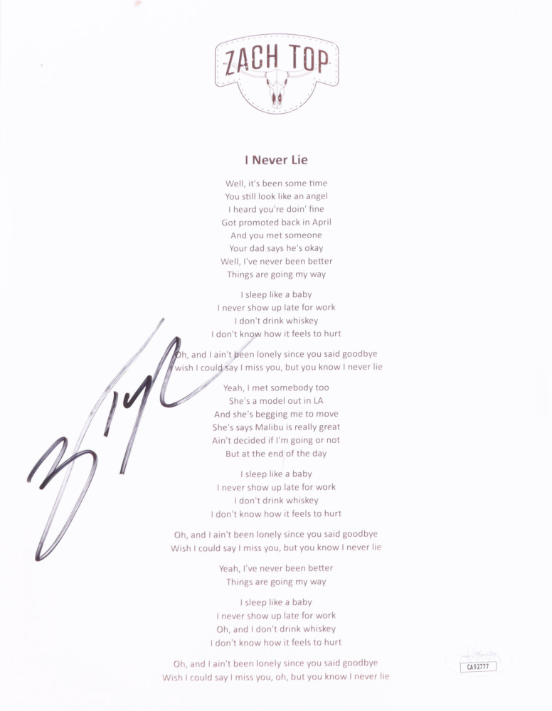 Zach Top Signed "I Never Lie" 8x10 Lyric Sheet Photo (JSA) | Pristine ...