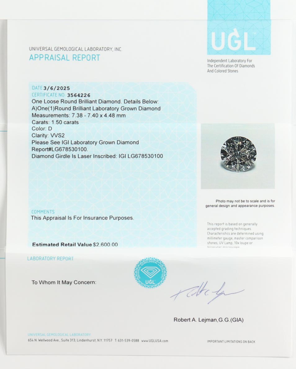 1.50 CTW New Laboratory Grown Diamond D, VVS 2 | Estimated Value $2,600 ...