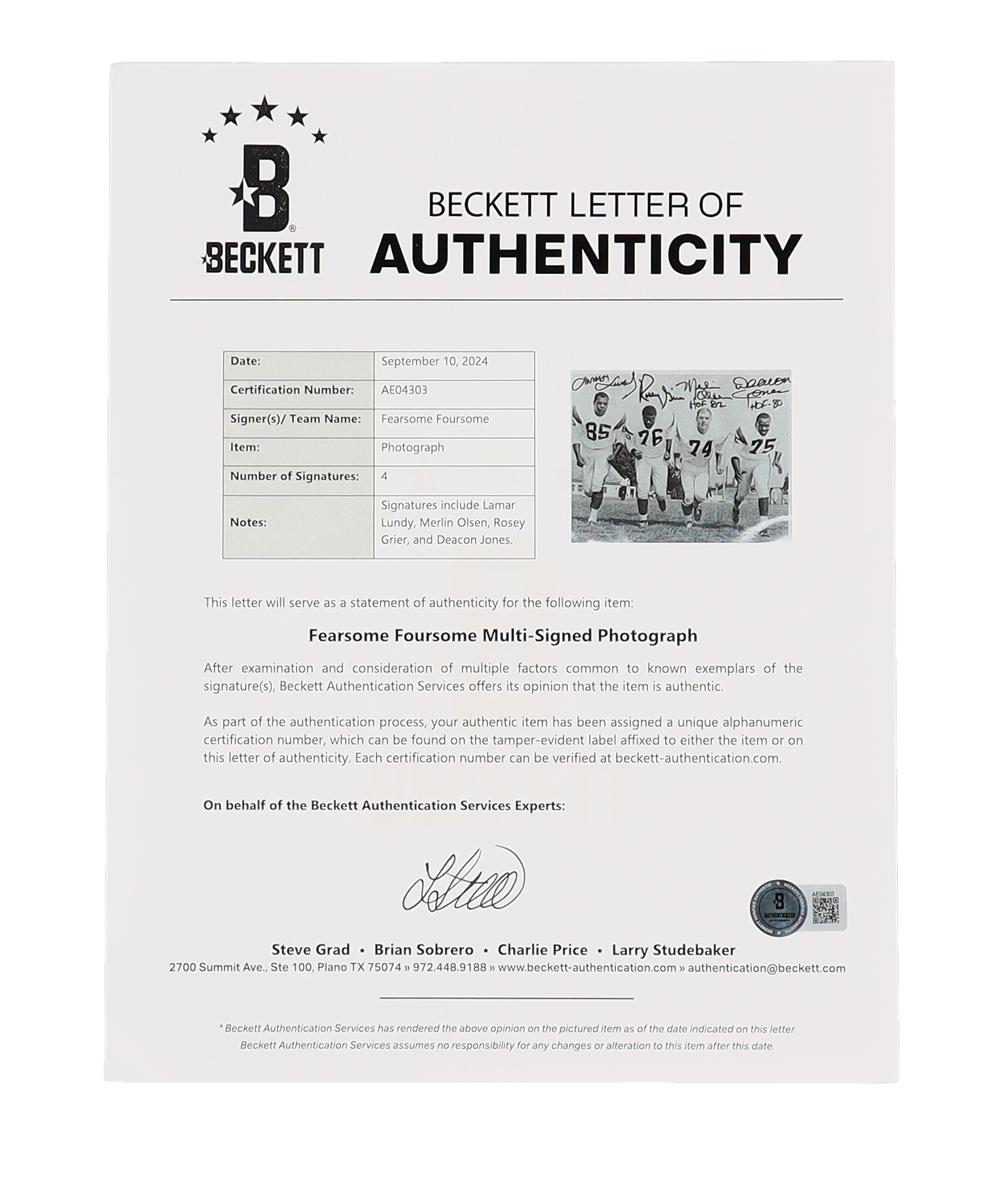 "Fearsome Foursome" Signed 8x10 Photo By (4) With Lamar Lundy, Merlin ...