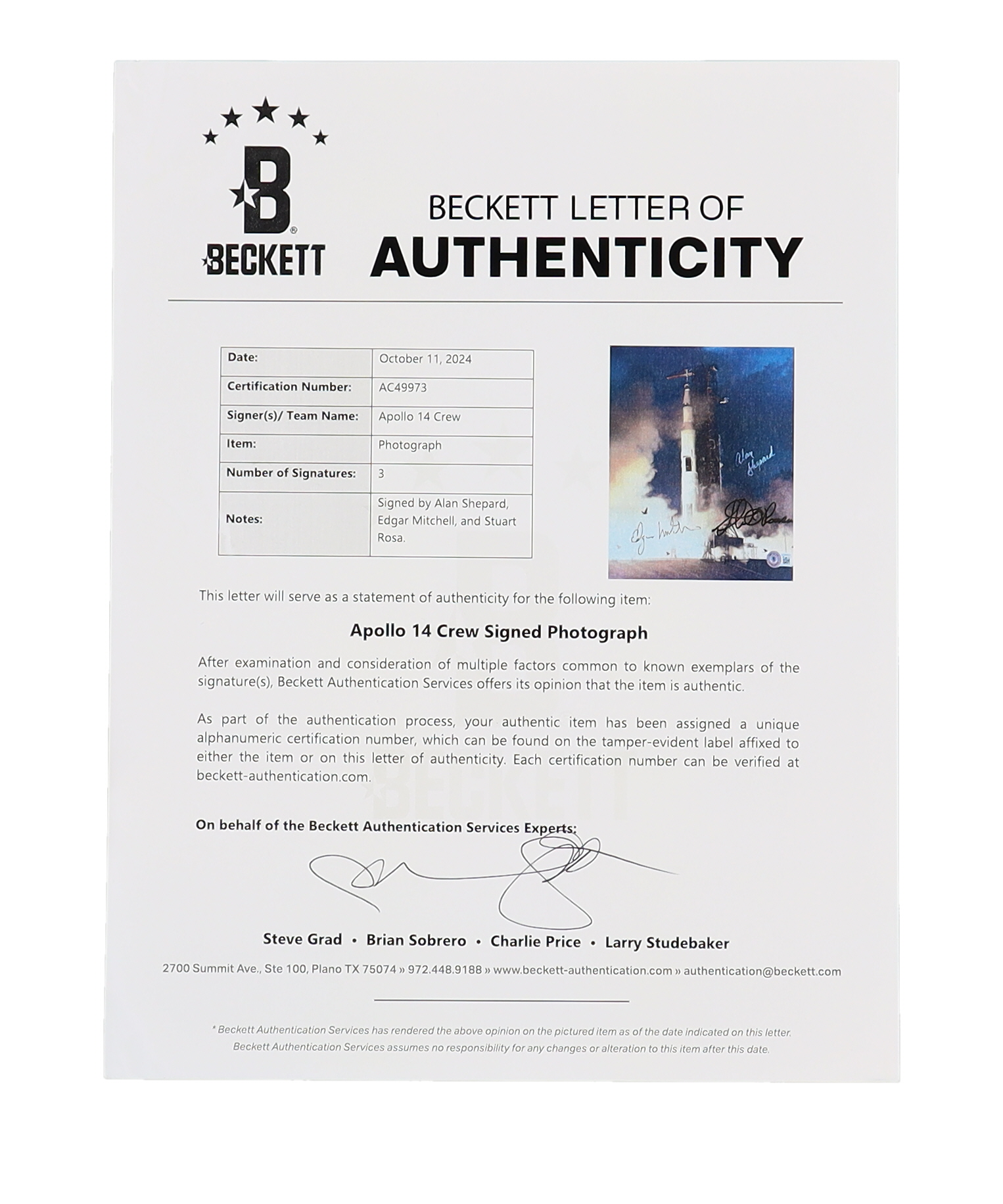 Alan Shepard, Edgar Mitchell, and Stuart Roosa Signed "Apollo 14" 8x10 Photo (Beckett ...