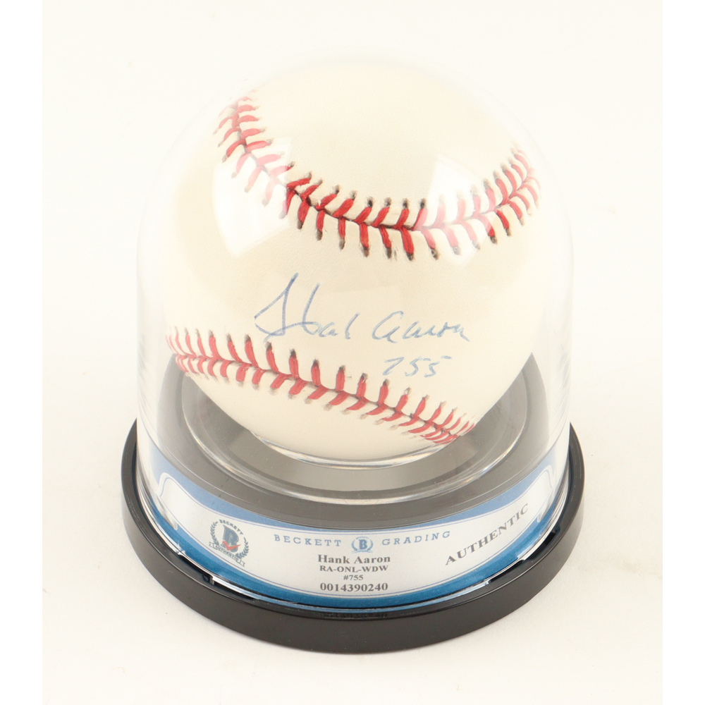 Hank Aaron Signed ONL Baseball with Beckett Display Case Inscribed "755 ...