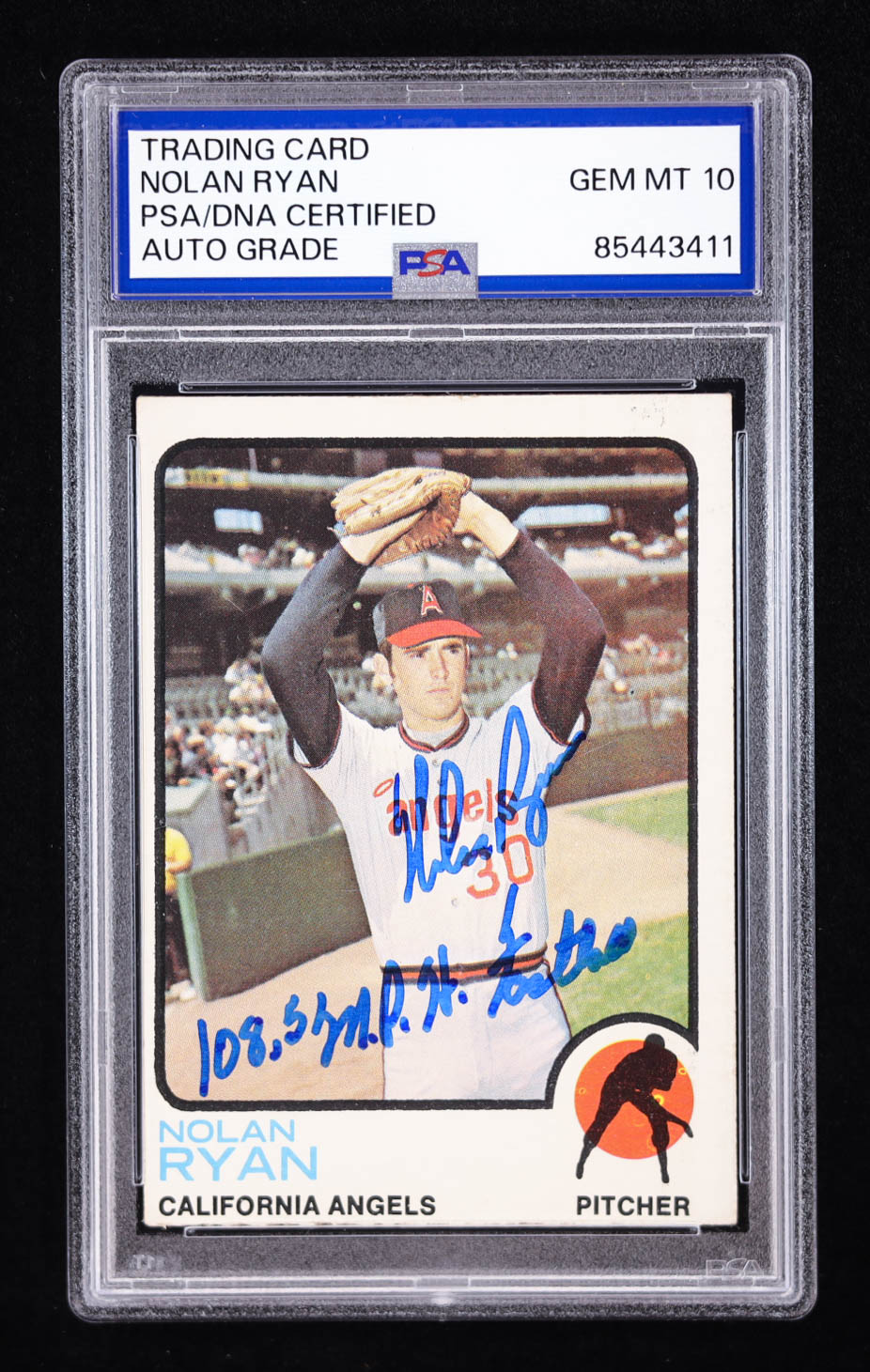 Nolan Ryan Signed 1973 Topps #220 Inscribed "108.5 M.P.H. Fastball ...