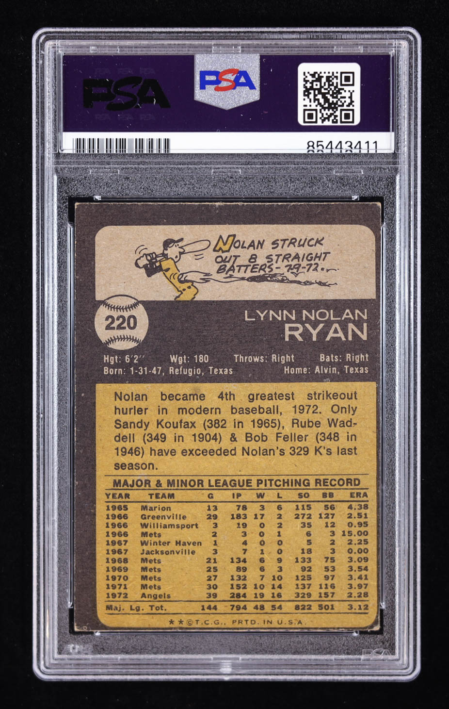 Nolan Ryan Signed 1973 Topps #220 Inscribed "108.5 M.P.H. Fastball ...