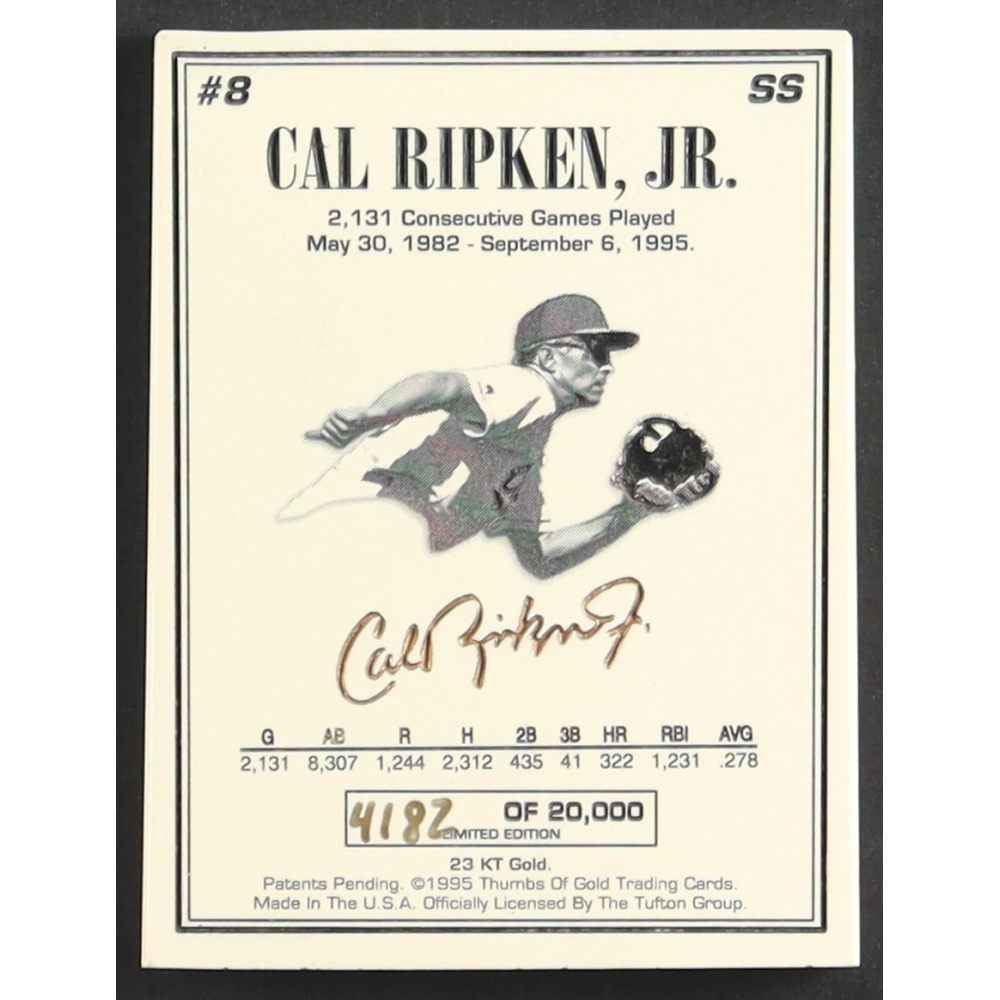 Cal Ripken Jr. LE 1995 "Ironman"Thumbs of Gold 23KT Gold SS #8 RC ...