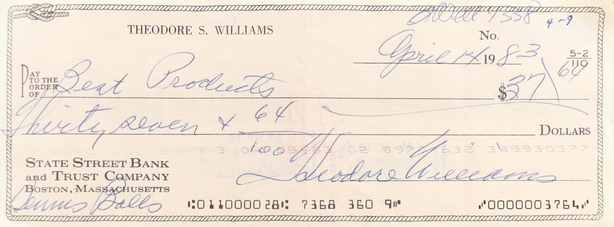 Theodore "Ted" Williams Signed 1983 Personal Check (Williams ...