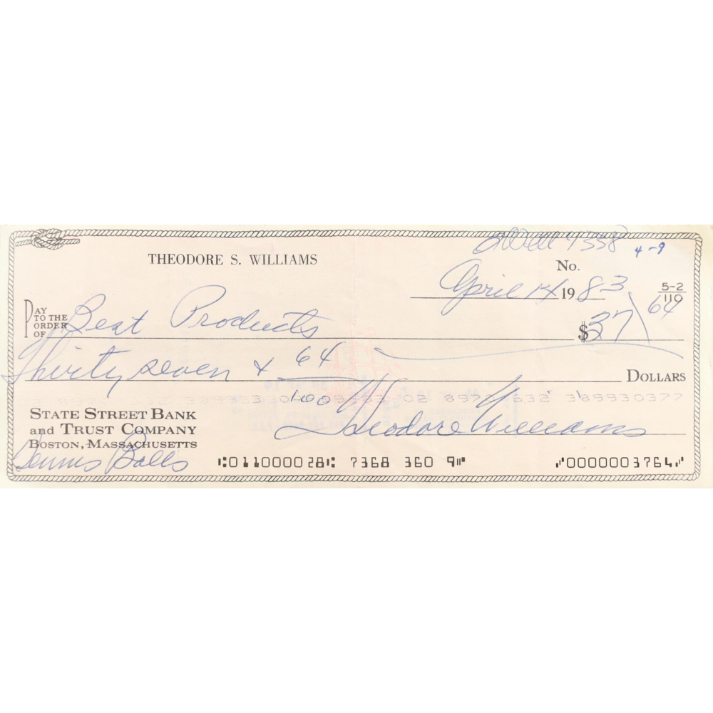 Theodore "Ted" Williams Signed 1983 Personal Check (Williams ...