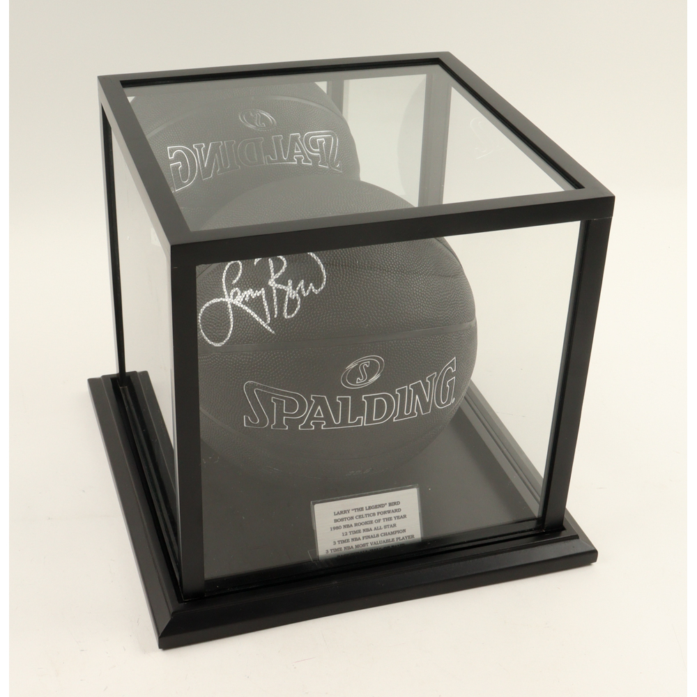 Larry Bird Signed Spalding Basketball with Wood & Glass Display Case ...
