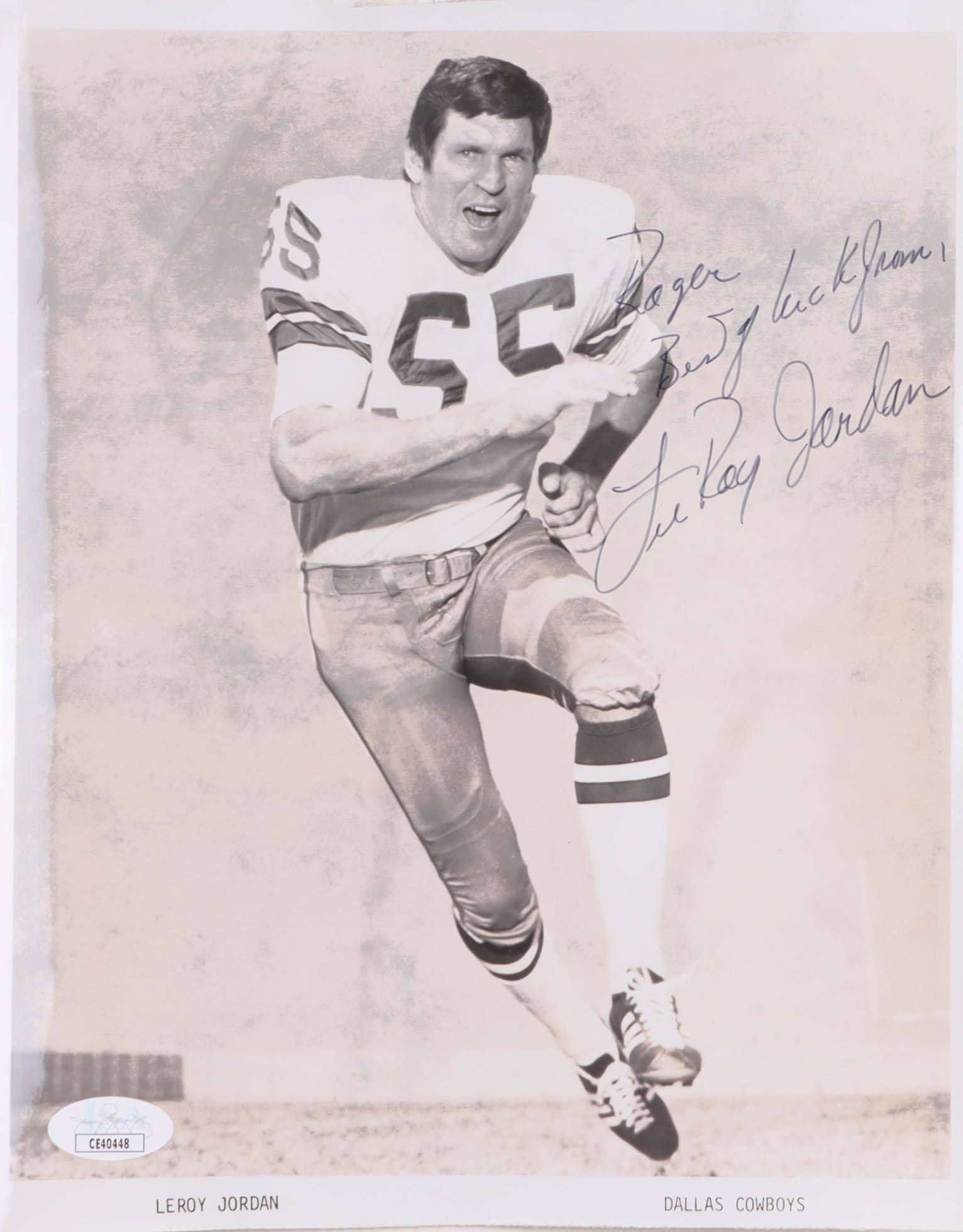 Lee Roy Jordan Signed Cowboys 8x10 Photo Inscribed "Roger, Best of Luck ...