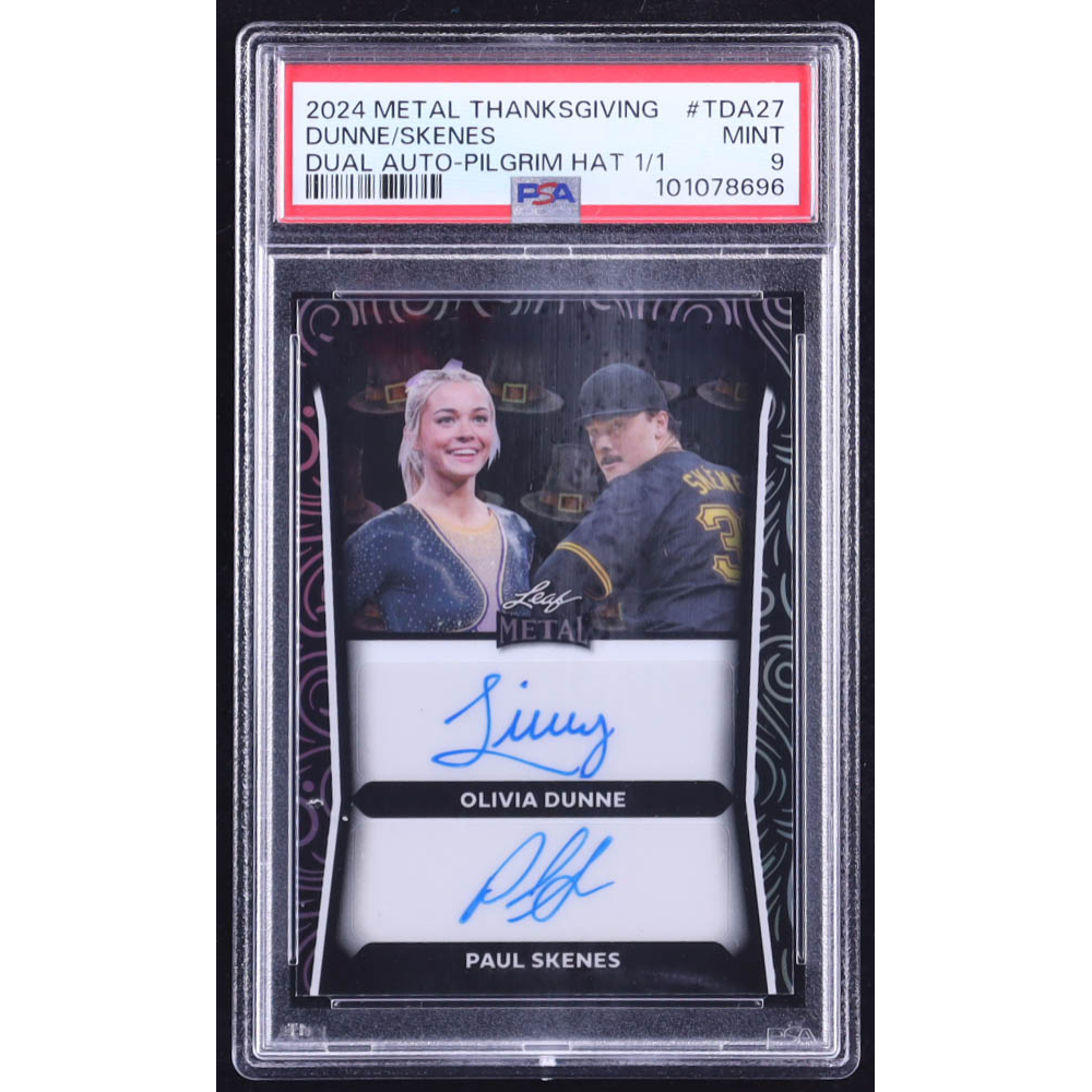 Paul Skenes / Olivia Dunne 2024 Leaf Metal Thanksgiving Dual Autographs Prismatic Pilgrim Hat # ...