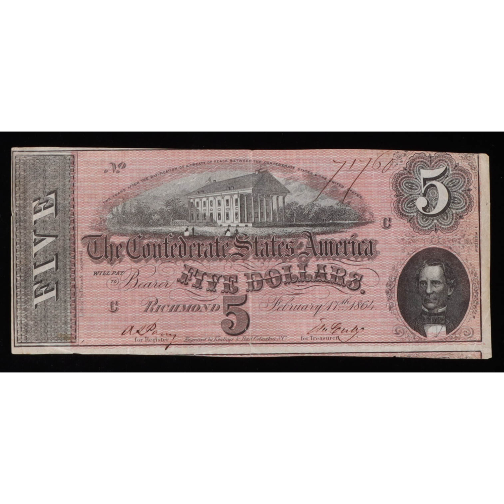 1864 Confederate States of America $5 Currency Note, 1st Series T-69 ...