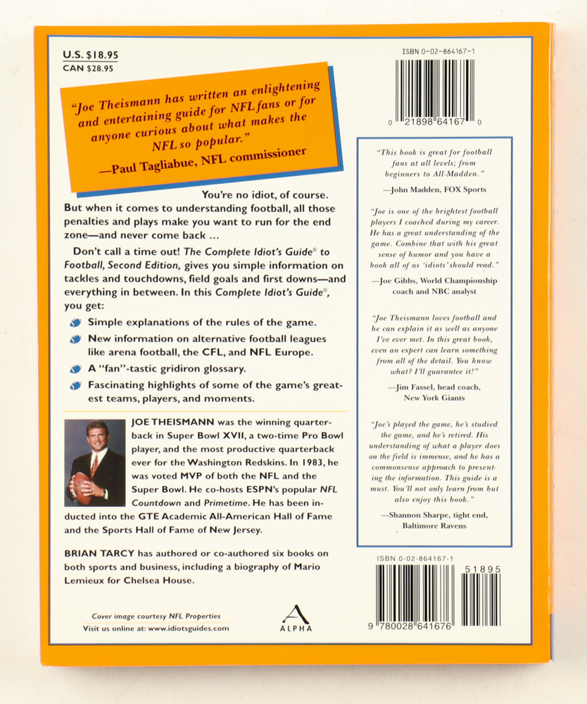 Joe Theismann Signed "The Complete Idiot's Guide to Football" Soft ...