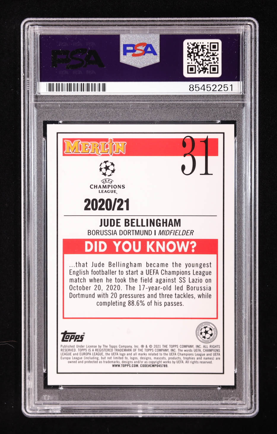 Jude Bellingham Signed 2020-21 Merlin UEFA Champions League #31 RC (PSA ...