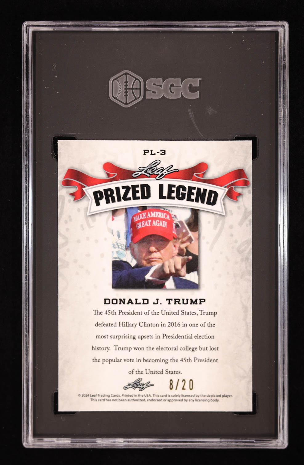Donald J. Trump 2024 Leaf Metal Special Release Prized Legend Crystal Blue #PL3 #/20 (SGC 10 ...