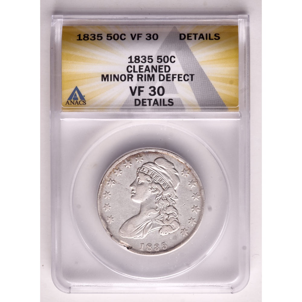 Mint Error 1835 Capped Bust Silver Half Dollar Minor Rim Defect (ANACS VF30 Details) | Pristine ...