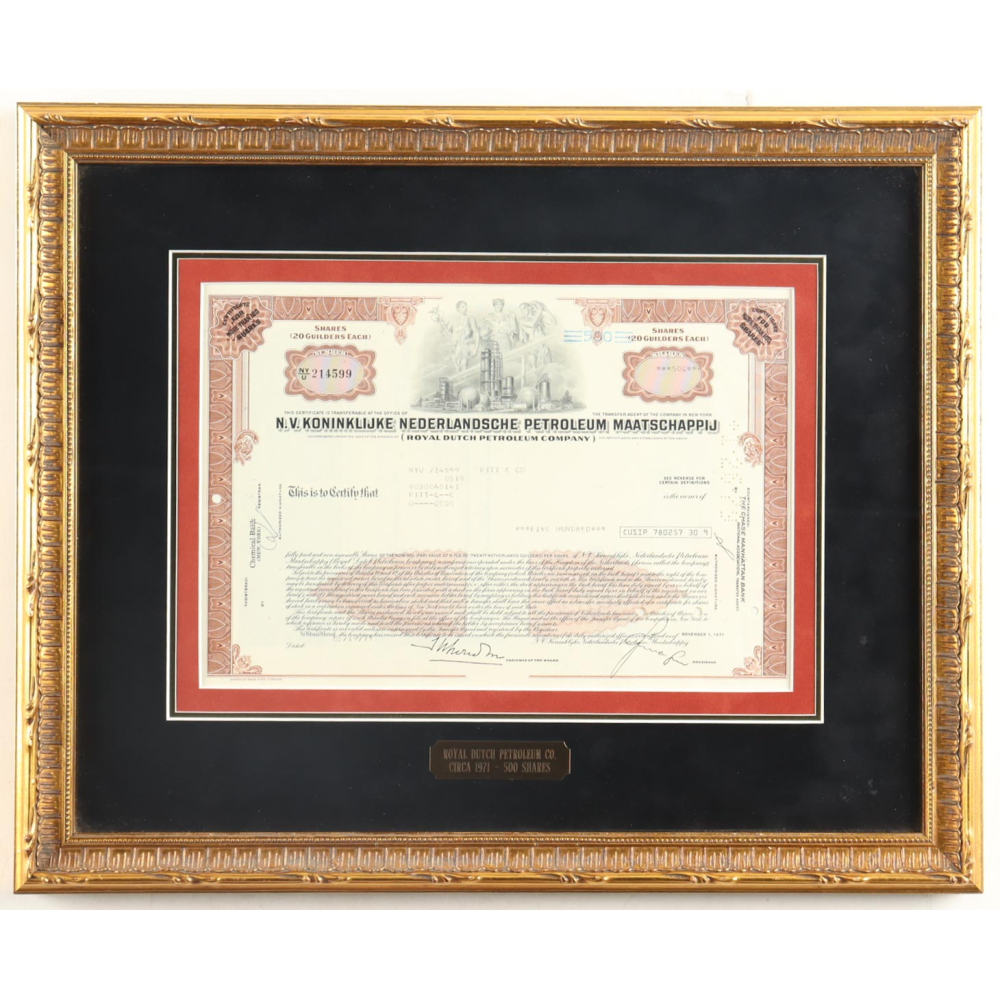 Circa 1970's $500 Royal Dutch Petroleum Company Custom Framed Stock ...