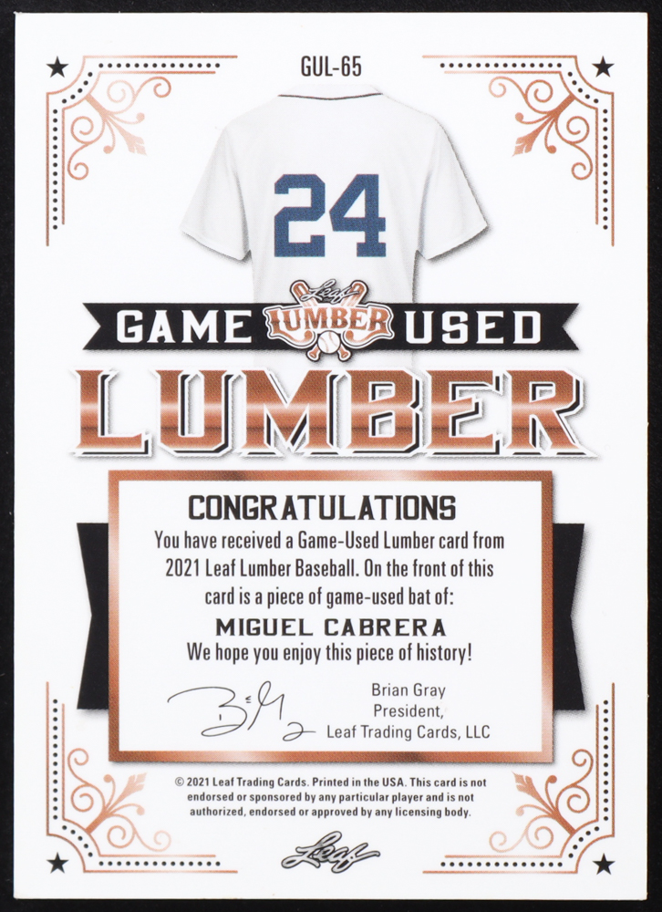 Miguel Cabrera 2021 Leaf Lumber Game Used Lumber Platinum #GUL65 #2/6 ...