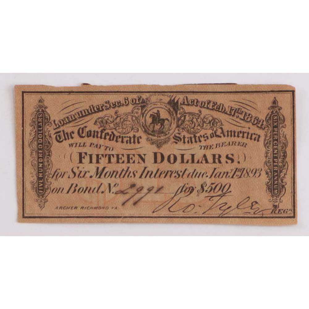 1861-64 $15 Confederate States of America First Series Bond Coupon ...