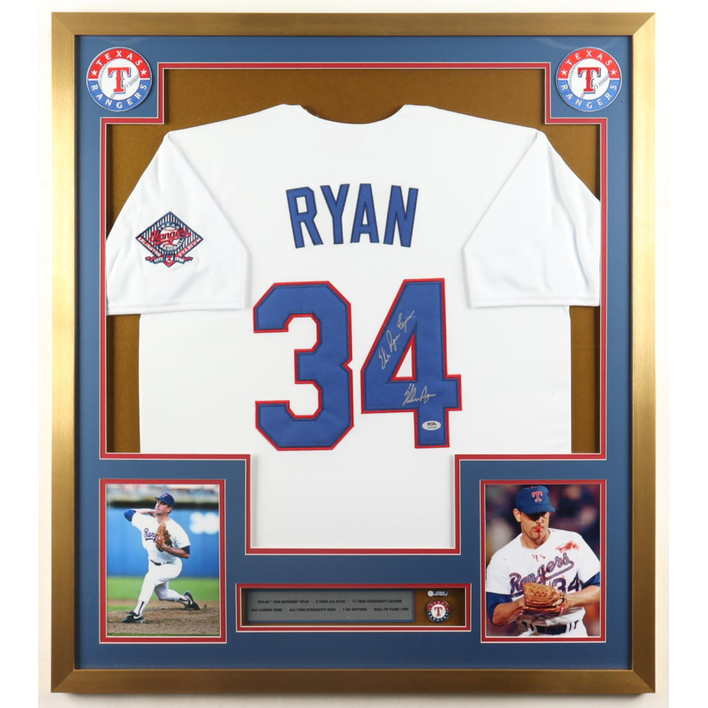 Nolan Ryan Signed Custom Framed Jersey Display With (2) Pins Inscribed ...
