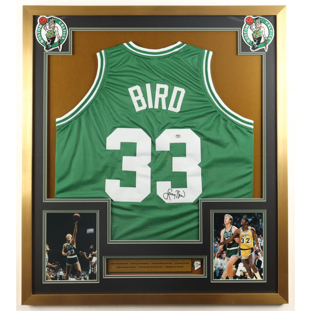 Larry Bird Signed Custom Framed Jersey Display with (2) Cloth Team Logo ...