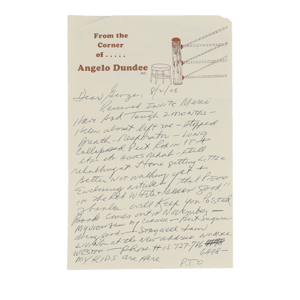 Angelo Dundee Signed 2008 6x9 Handwritten Letter on Personal Stationary ...