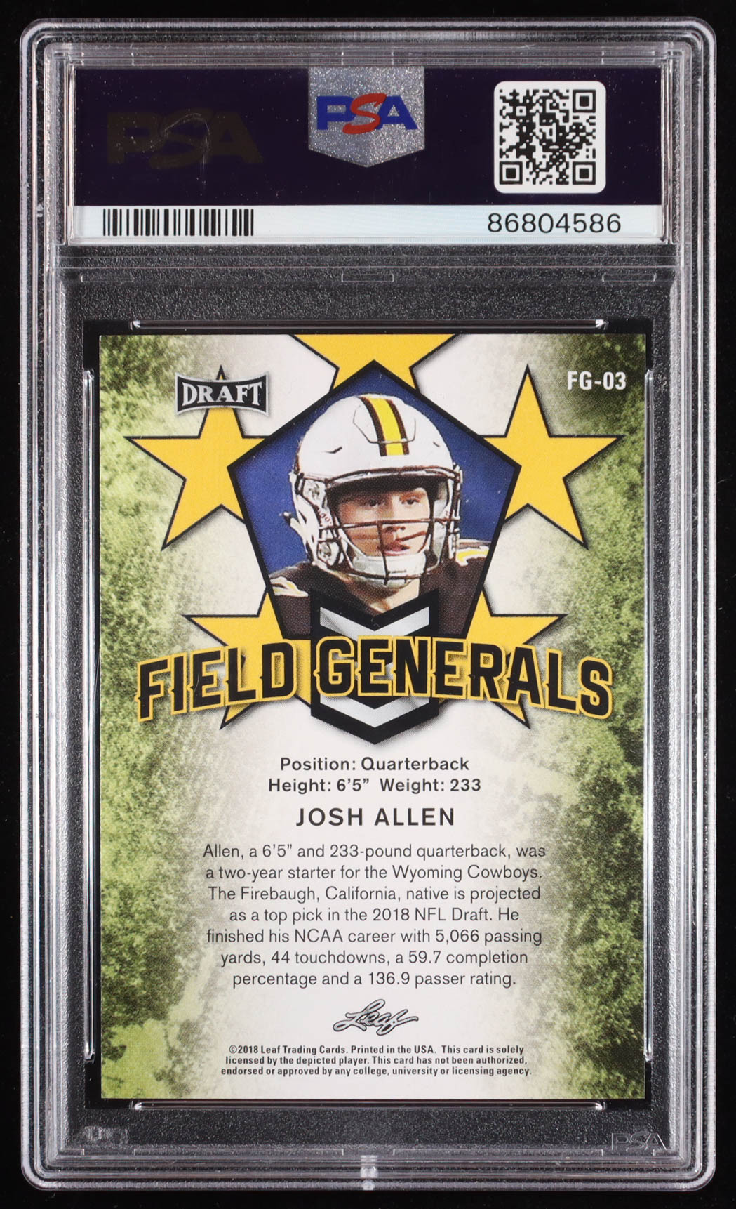 Josh Allen 2018 Leaf Draft Field Generals Gold #FG03 RC (PSA 9 ...
