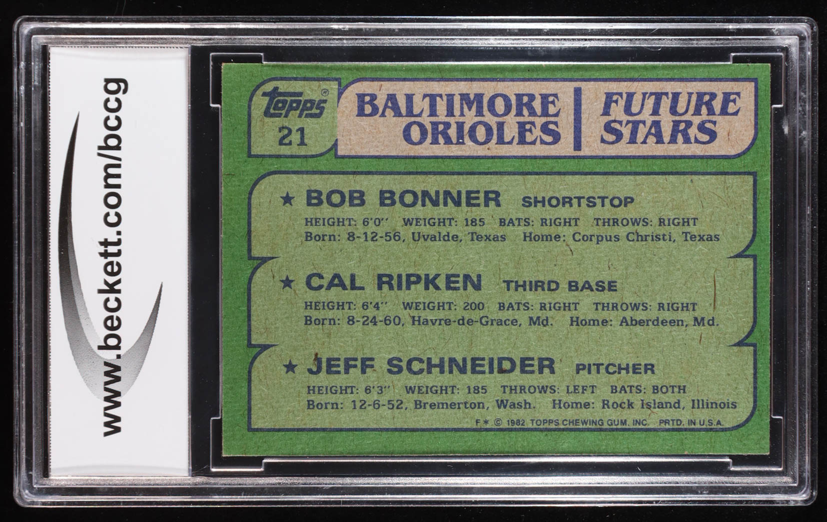 Bob Bonner / Cal Ripken Jr. / Jeff Schneider 1982 Topps #21 RC (BCCG 9 ...