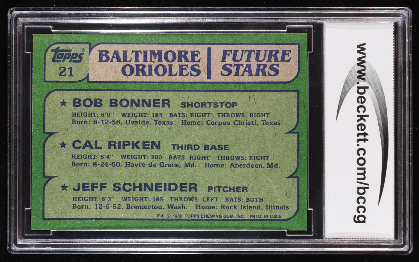 Bob Bonner / Cal Ripken Jr. / Jeff Schneider 1982 Topps #21 RC (BCCG 9 ...