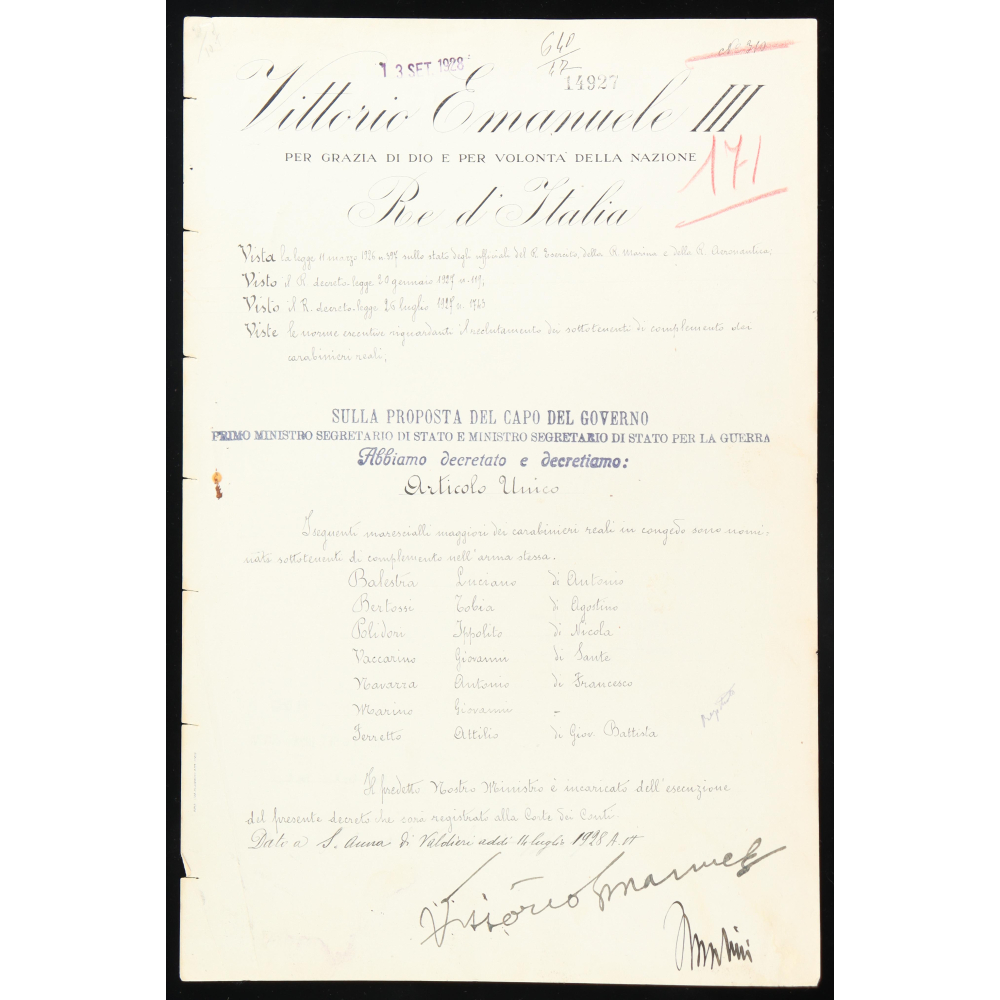 Benito Mussolini & King Victor Emmanuel III Dual-Signed 1928 Document ...