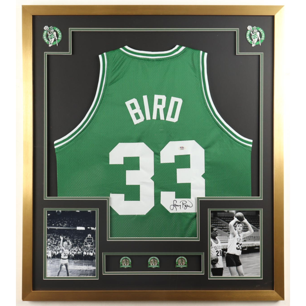 Larry Bird Signed Custom Framed Jersey Display with (2) Team Logo ...