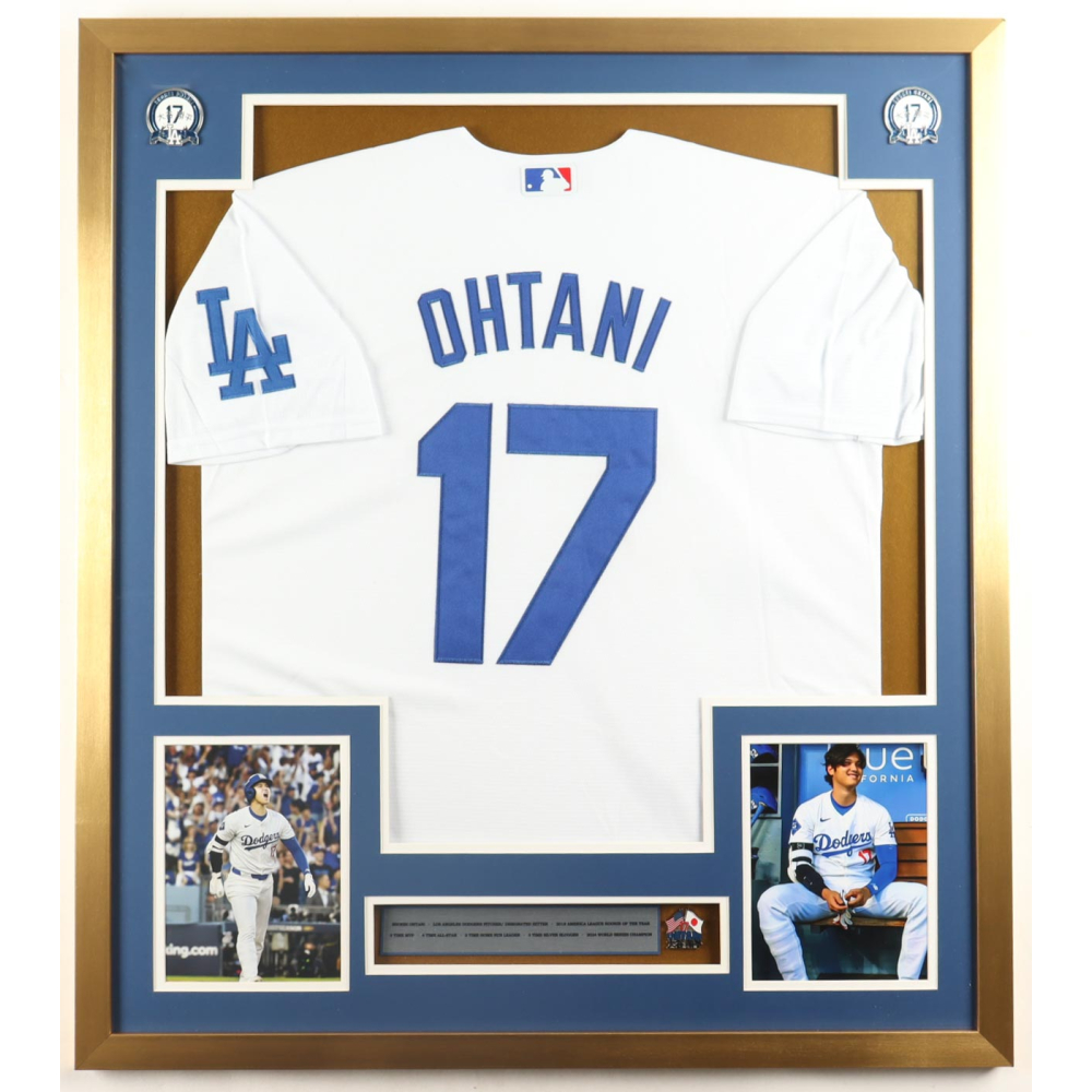 Shohei Ohtani Custom Framed Jersey Display with 2017 MVP Pin & (2) Metal Team Logo Patches ...