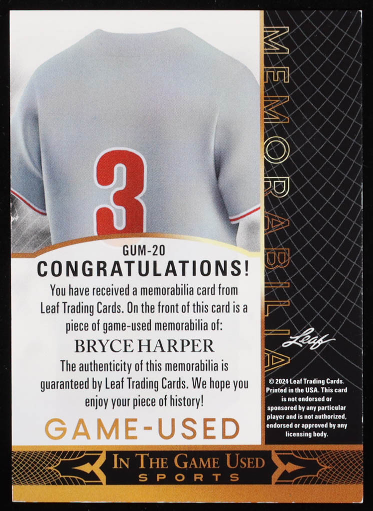 Bryce Harper 2024 ITG Used Sports Game-Used Memorabilia Blue #GUM20 ...