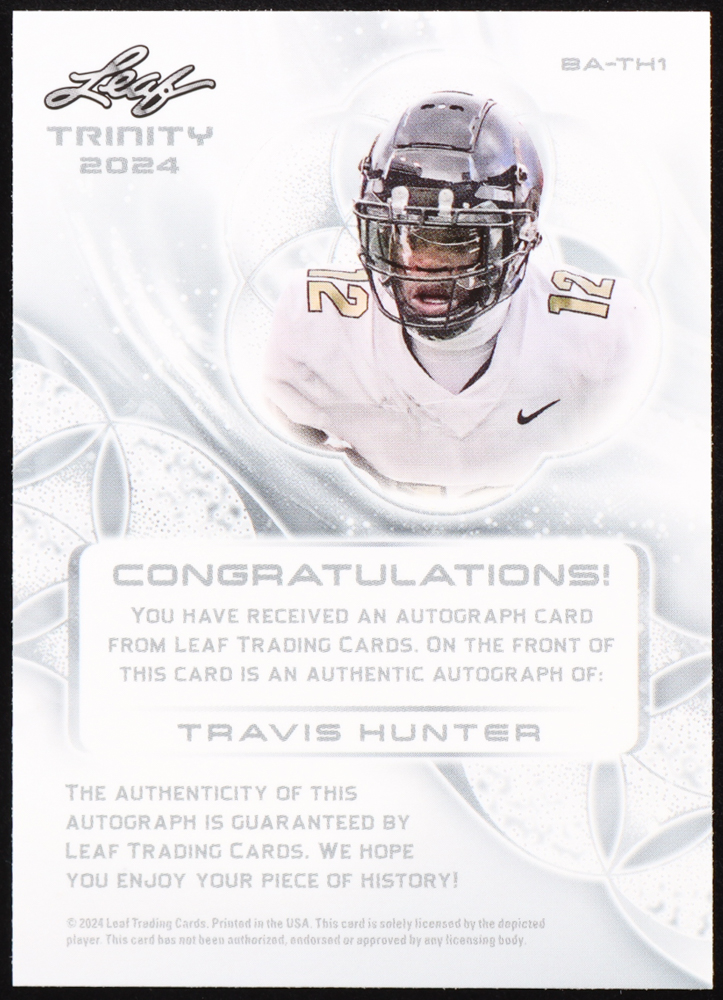 Travis Hunter Signed 2024 Leaf Trinity Blue Auto #BA-TH1 #37/49 ...