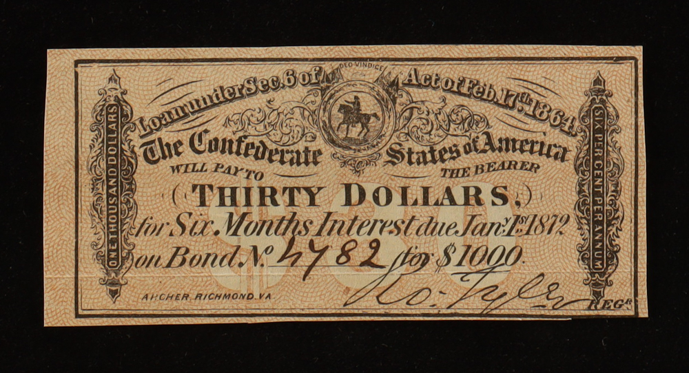 1864 $30 Confederate States of America CSA Bank Note Bond | Pristine ...
