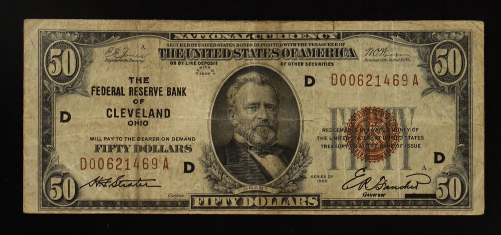 1929 U.S. $50 National Currency Note, Cleveland - Fr#1880-D (DA Block ...